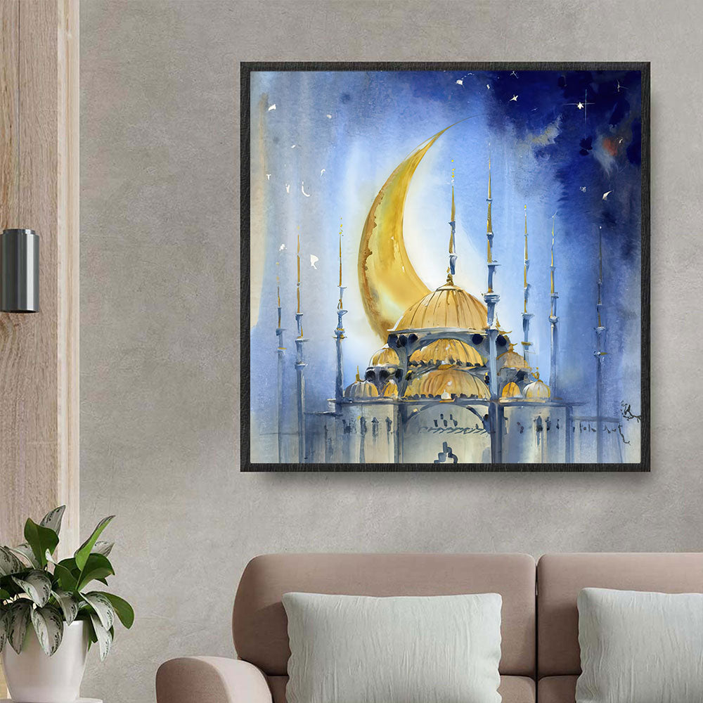Crescent Moon & Mosque Painting | Spiritual Watercolor Islamic Art | Krutik